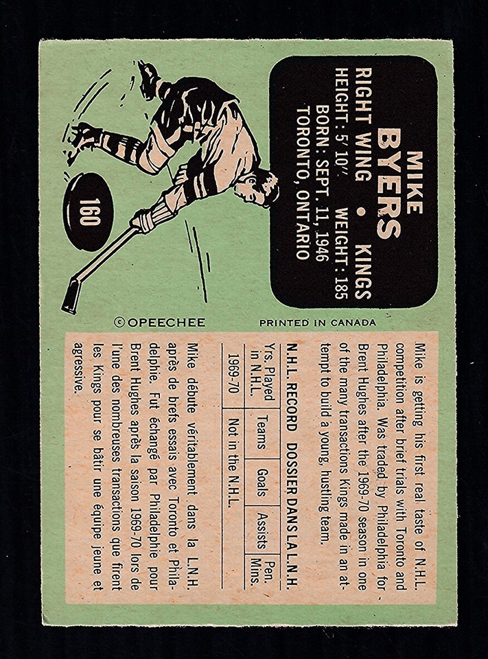 1970-71 MIKE BYERS #160 ROOKIE VG-EX OPC L.A. Kings Star Vintage NHL ...