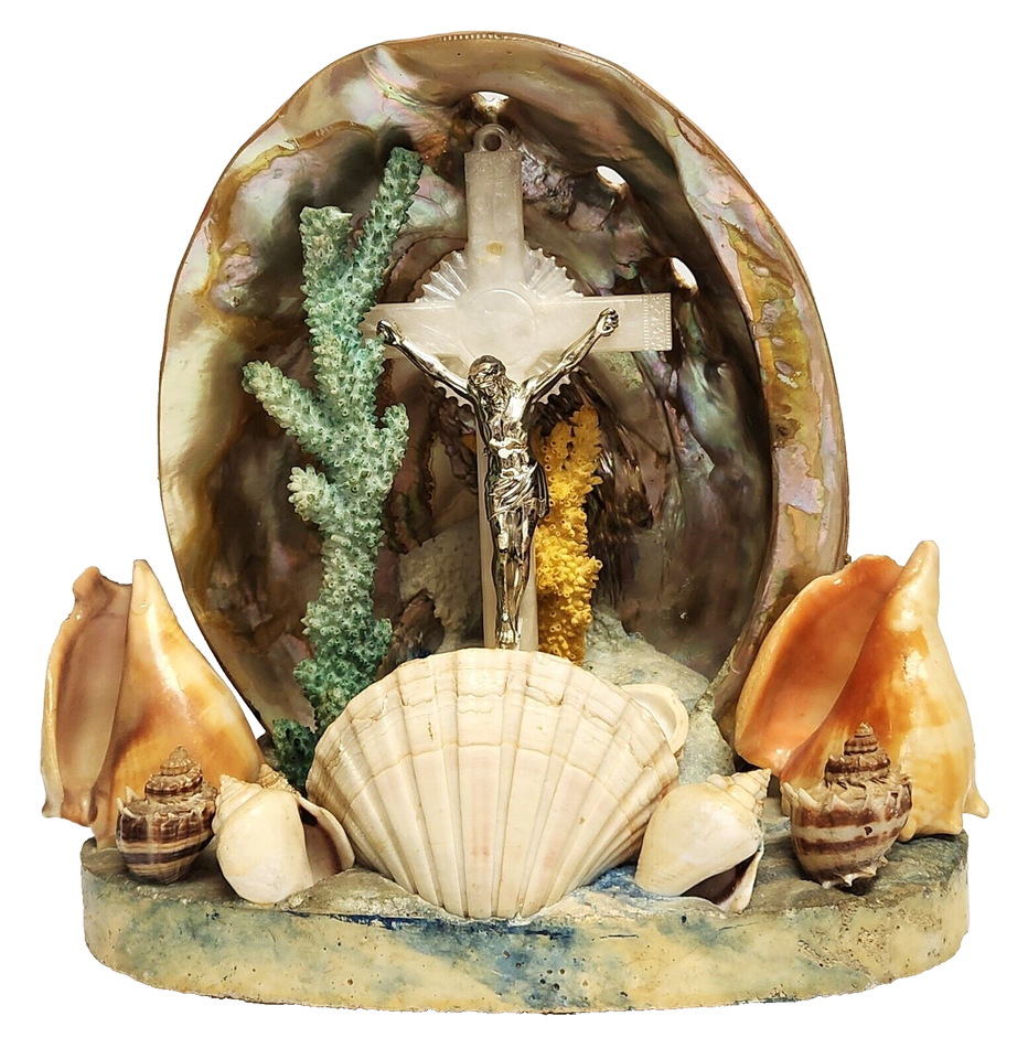 MCM Jesus Crucifix Abalone Seashell Coral Religious Grotto Plaster Base ...