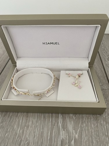 H Samuel Pretty Silver/Pink Stones Necklace,Bracelet & Earrings Box Set ...
