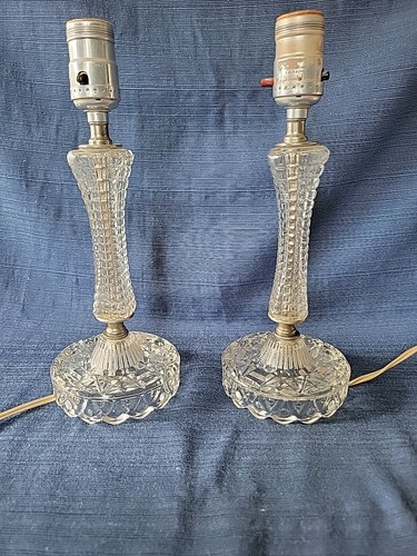 Pair Vtg Art Deco Candlestick Boudoir Lamps Clear Pressed Glass Diamond ...