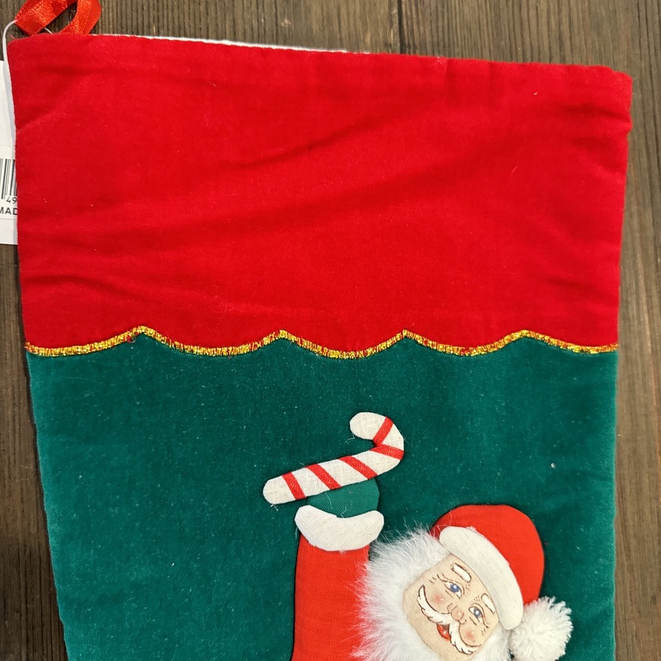 2 VTG Christmas Stocking Velvet Appliqué Santa Glitter Red Green 3D 20 ...