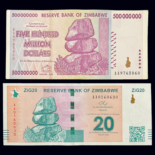 Zimbabwe $20 Zig 2024 Gold Backed UNC Banknote & 2008 500 Million ...