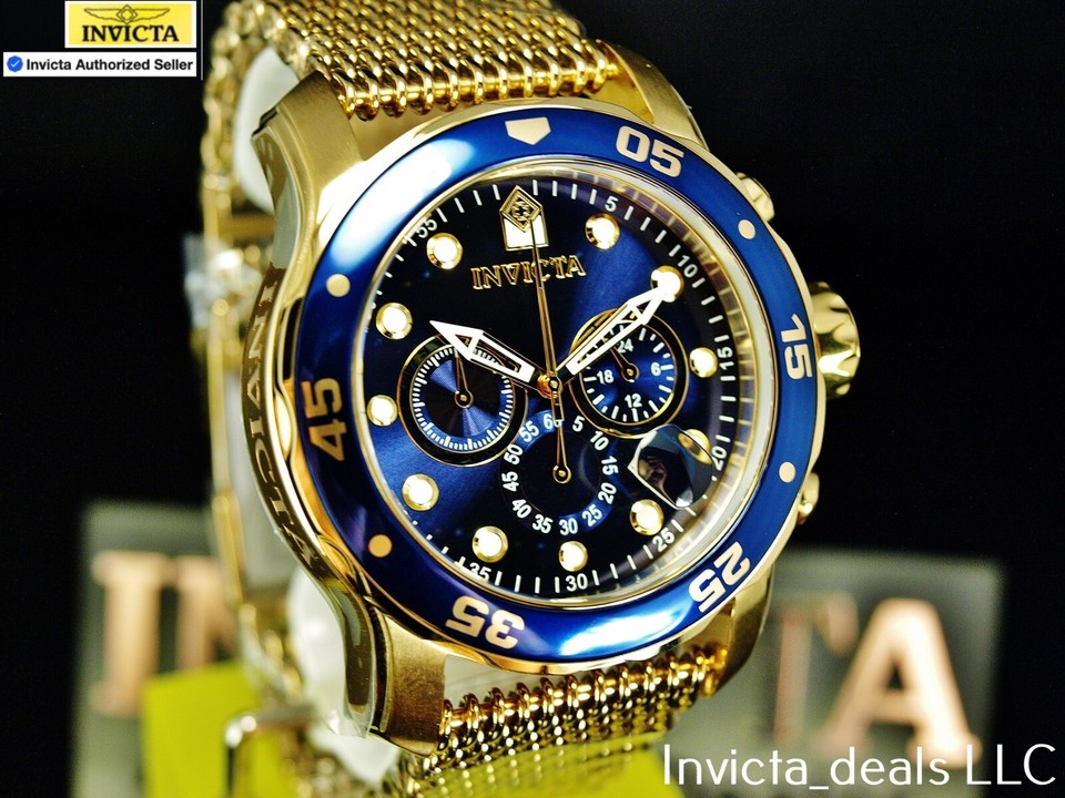Invicta Men's 48mm Pro Diver SCUBA Chronograph BLUE DIAL Gold Tone MESH ...