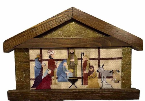 Nativity Embroidery Cross Stitch Picture Wood Manger Shaped Frame ...