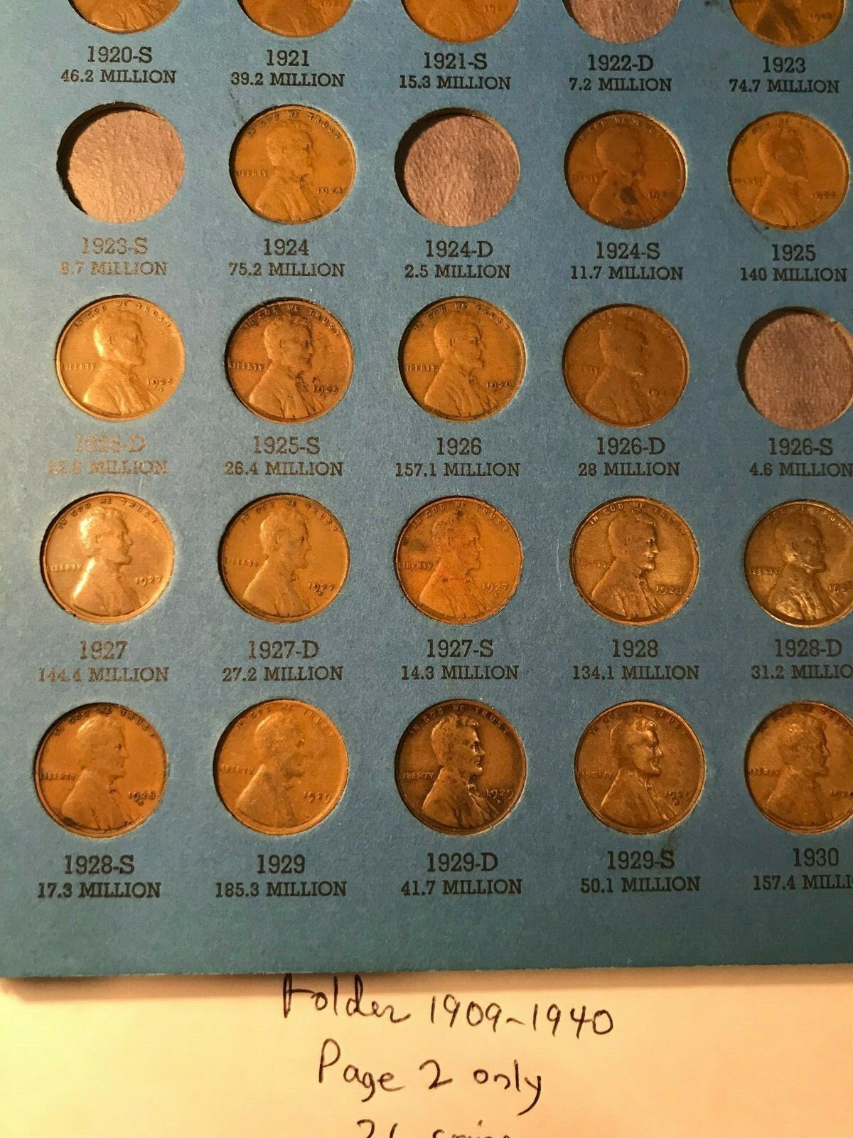 1919 1930 26 coin Lincoln Penny Page 2 of Whitman 9004 Folder 21S 24S ...