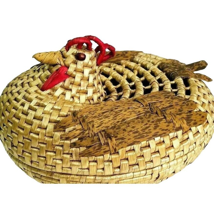 Chicken Wicker Basket with Lid Woven Wicker Rattan 8.5" x 6.5" Rooster ...