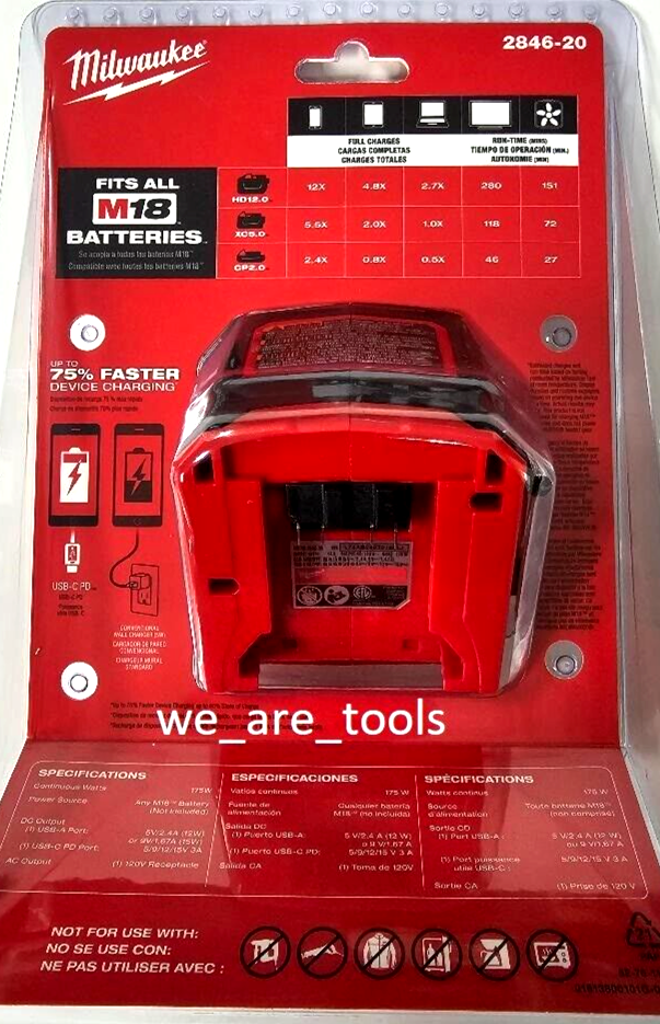 New In Pack Milwaukee M18 2846-20 Top Off 175 Watt Power Supply USB 18V ...