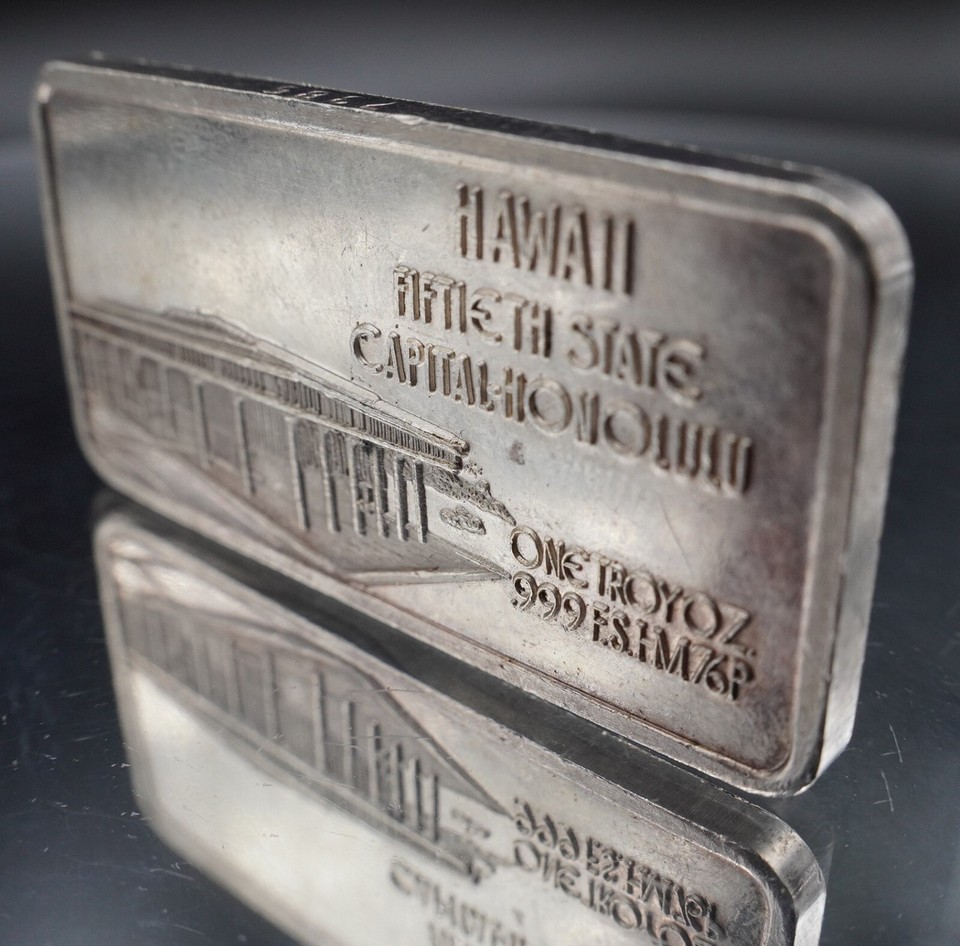 1959 1976 HAWAII 50th State Hamilton Mint Luau 1oz 999 FINE Silver bar ...