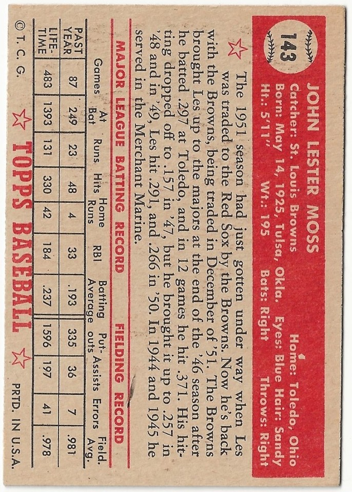 1952 Topps #143 Les Moss St. Louis Browns EX | eBay