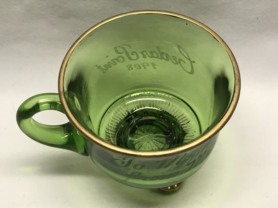 1908 Green Glass 3 Footed Cup “Mother” Cedar Point Amusement Park ...