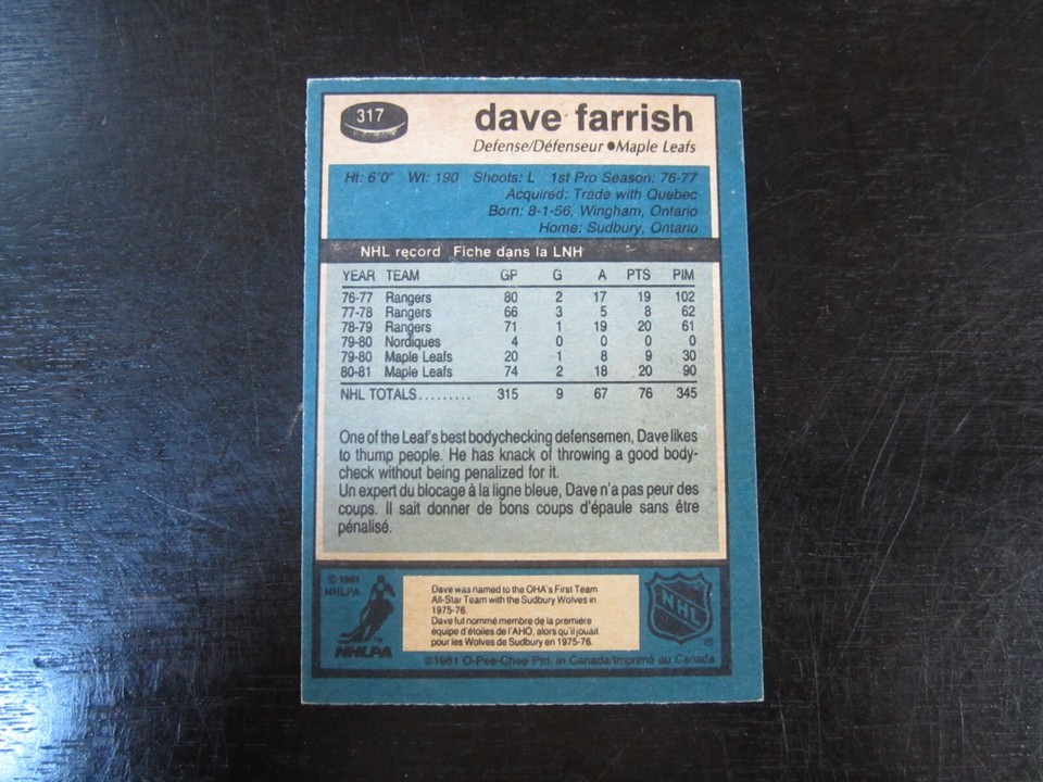 1981-82 O Pee Chee # 317 Dave Farrish Autograph Signed Auto Card (M2 ...