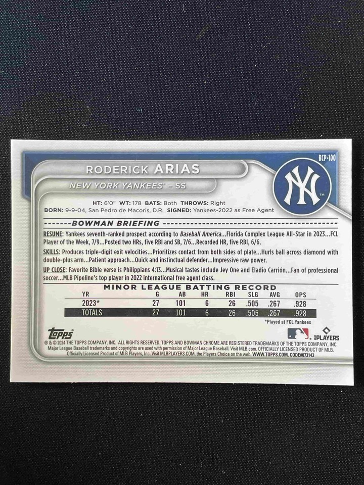 Roderick Arias 2024 Bowman Chrome Prospects New York Yankees #BCP-100 ...