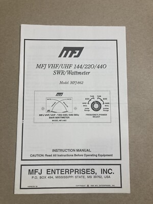 ORIGINAL MFJ VHF/UHF 144/220/440 SWR WATTMETER MFJ-862 - INSTRUCTION ...