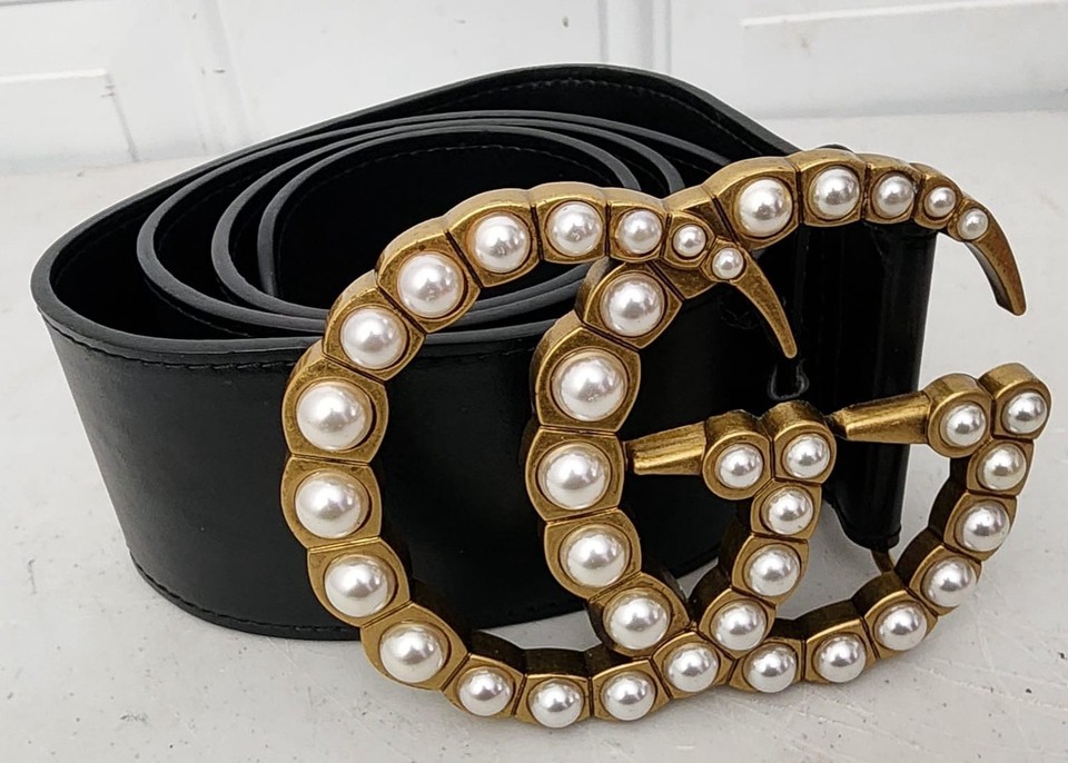 GUCCI BLACK LEATHER GG PEARL BELT SIZE 36-38 | eBay