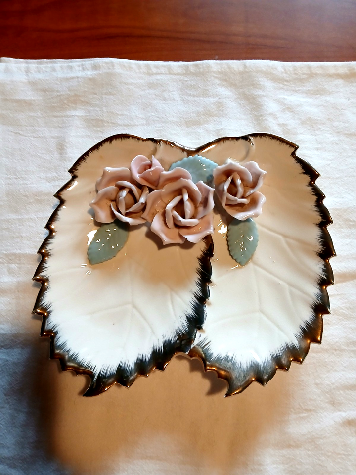 1940's TILSO Pink Roses Leaf Trinket Dish w/ Gold Trim. Hand Painted ...