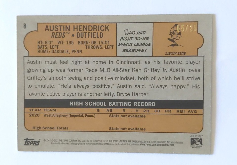 2021 Topps Heritage Minor Austin Hendrick flip stock /25 parallel #8 ...