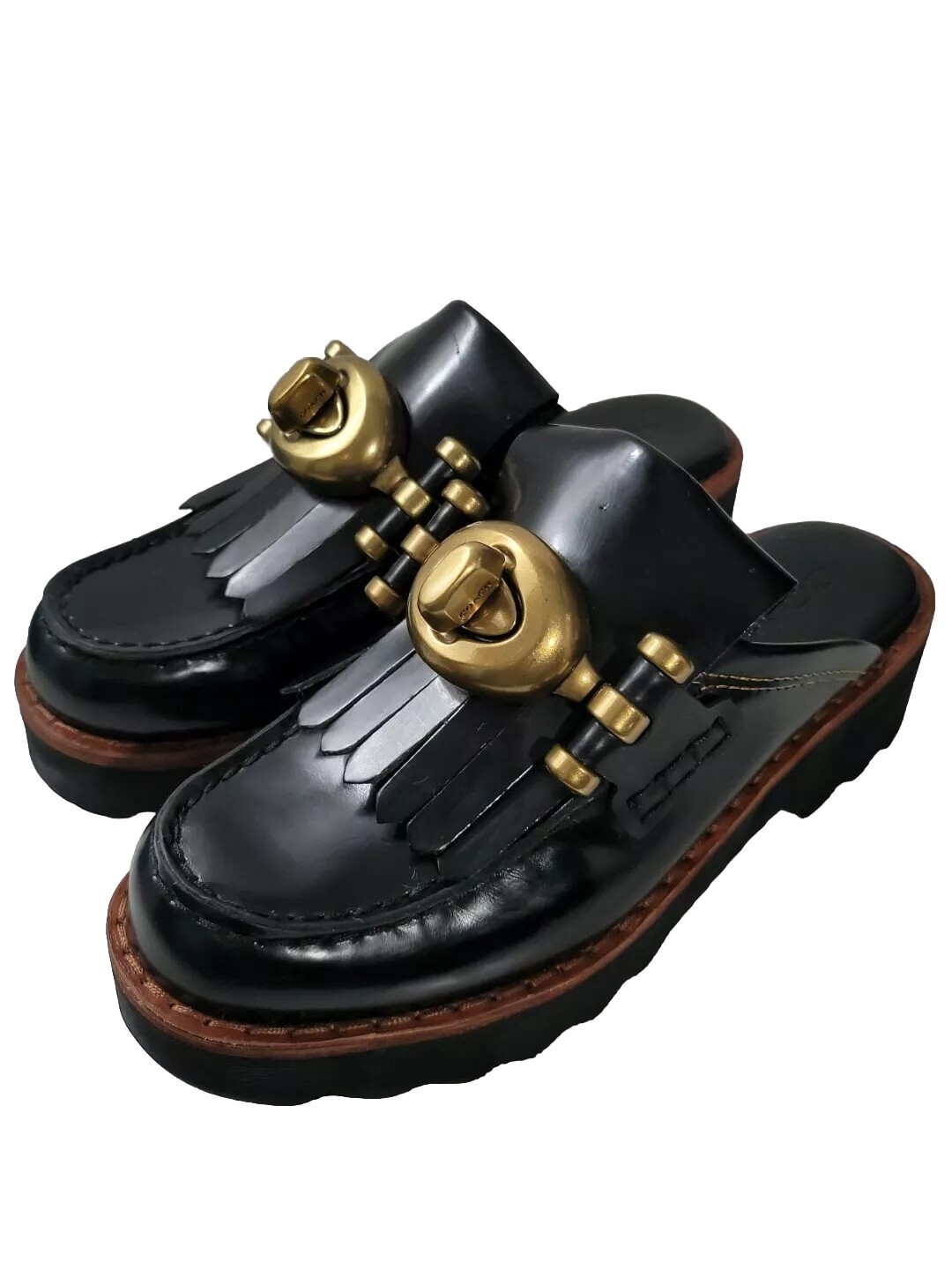 Coach Womens Turnlock Creepers Slide Mules Black Fringe Size 5 | eBay