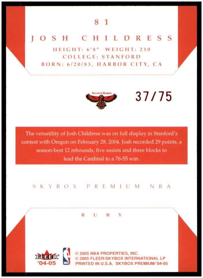 2004-05 SkyBox Premium #81 Josh Childress Ruby #/75 | eBay