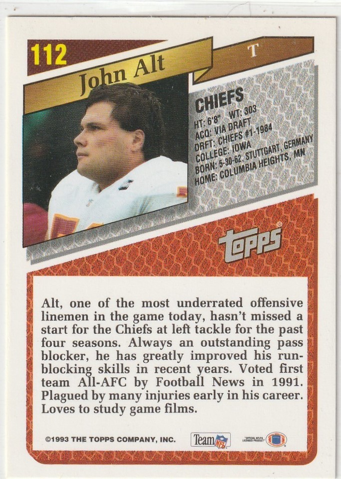 John Alt- Signed Card - 1993 Topps #112 - Kansas City Chiefs | eBay