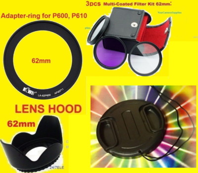 RING ADAPTER+FILTER KIT+HOOD+LENS CAP 62mm CAMERA NIKON COOLPIX P600 ...