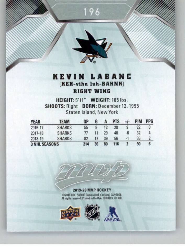 2019-20 Upper Deck MVP #196 Kevin Labanc NM-MT Sharks ID:170442 | eBay
