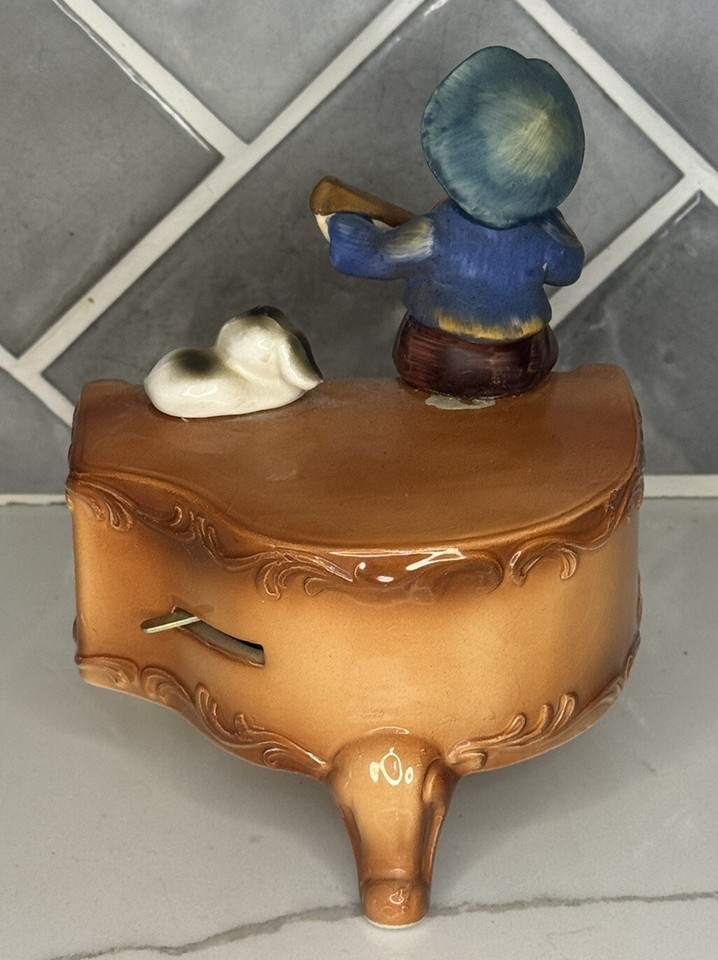 Hummel Boy & Dog Playing Banjo on a Piano Music Box (Small Chip Piano ...