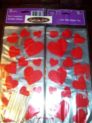 NEW 50 COUNT VALENTINE HEART CELLO CANDY TREAT GIFT BAGS w TWIST TIES ...