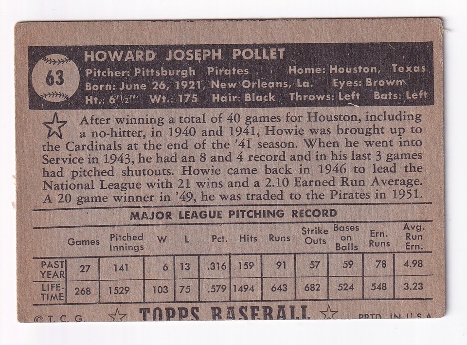 Howie Pollet 1952 Topps ML Baseball Card # 63 Black Back-Pirates | eBay
