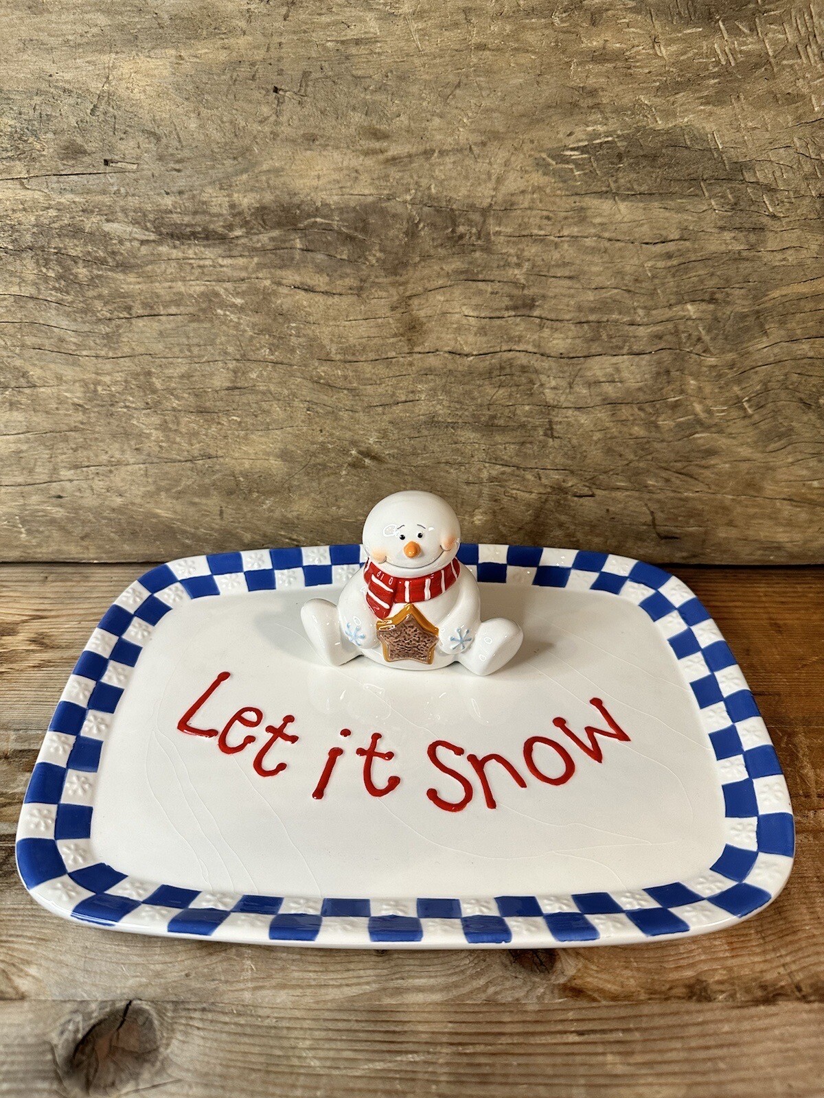 Let It Snow Platter Snowman blue and white checkered. Ceramic Christmas ...
