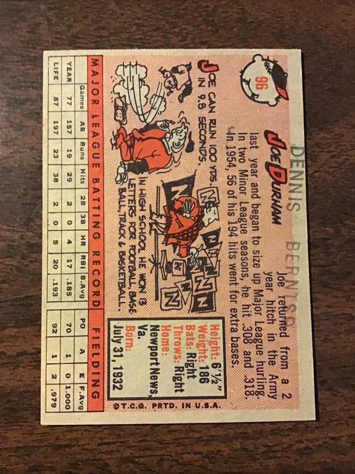 1958 Topps #96 JOE DURHAM (INK MARKS) | eBay