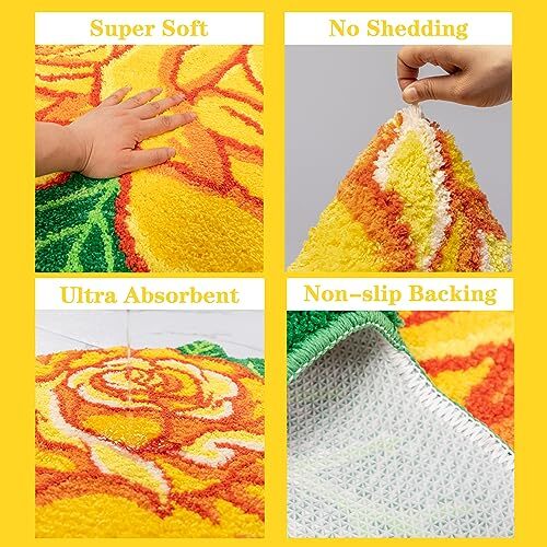 Yellow Rose Bathroom Rugs Cute Flower Shaped Bath Mat Green Leaf Decor ...