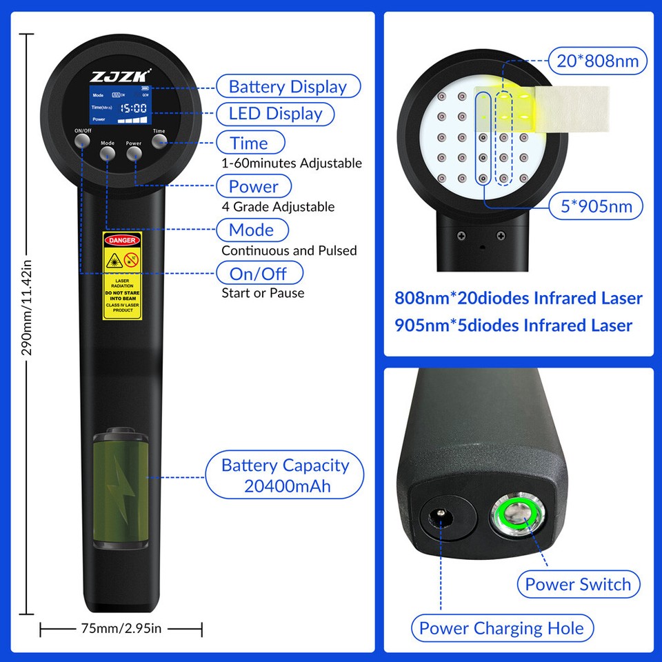 ZJZK 3W 808nm+905nm Medical Laser Therapy NIR Light Treatment for Human ...