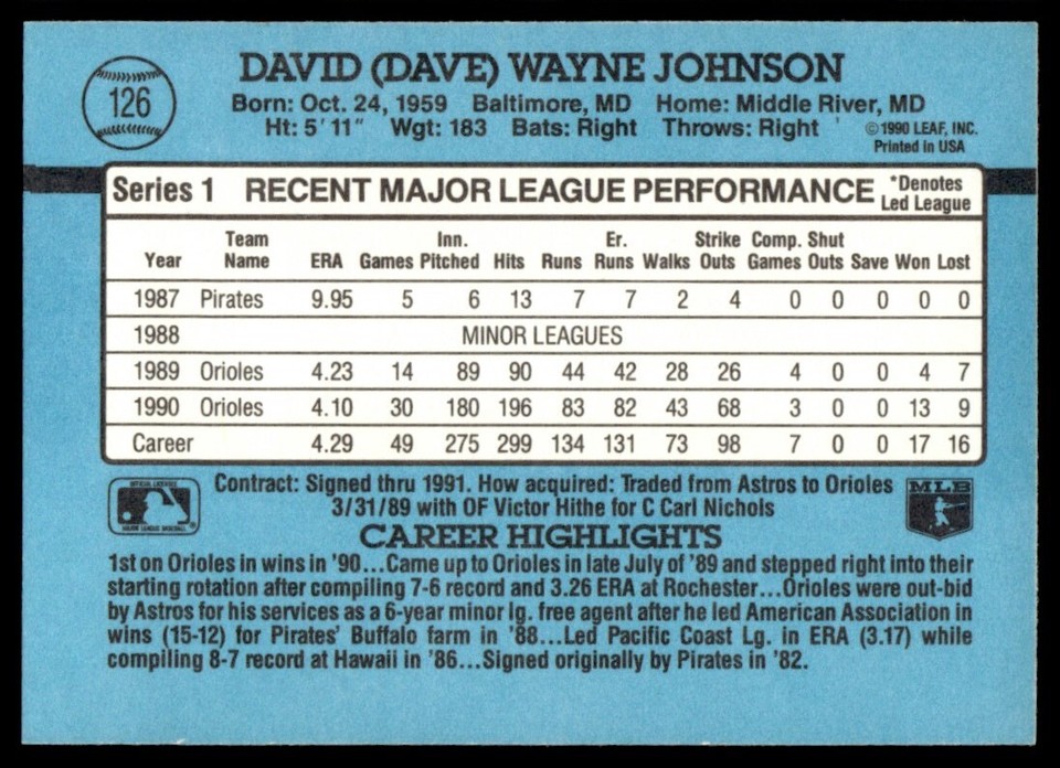 1991 Donruss #126 Dave Johnson Baltimore Orioles | eBay