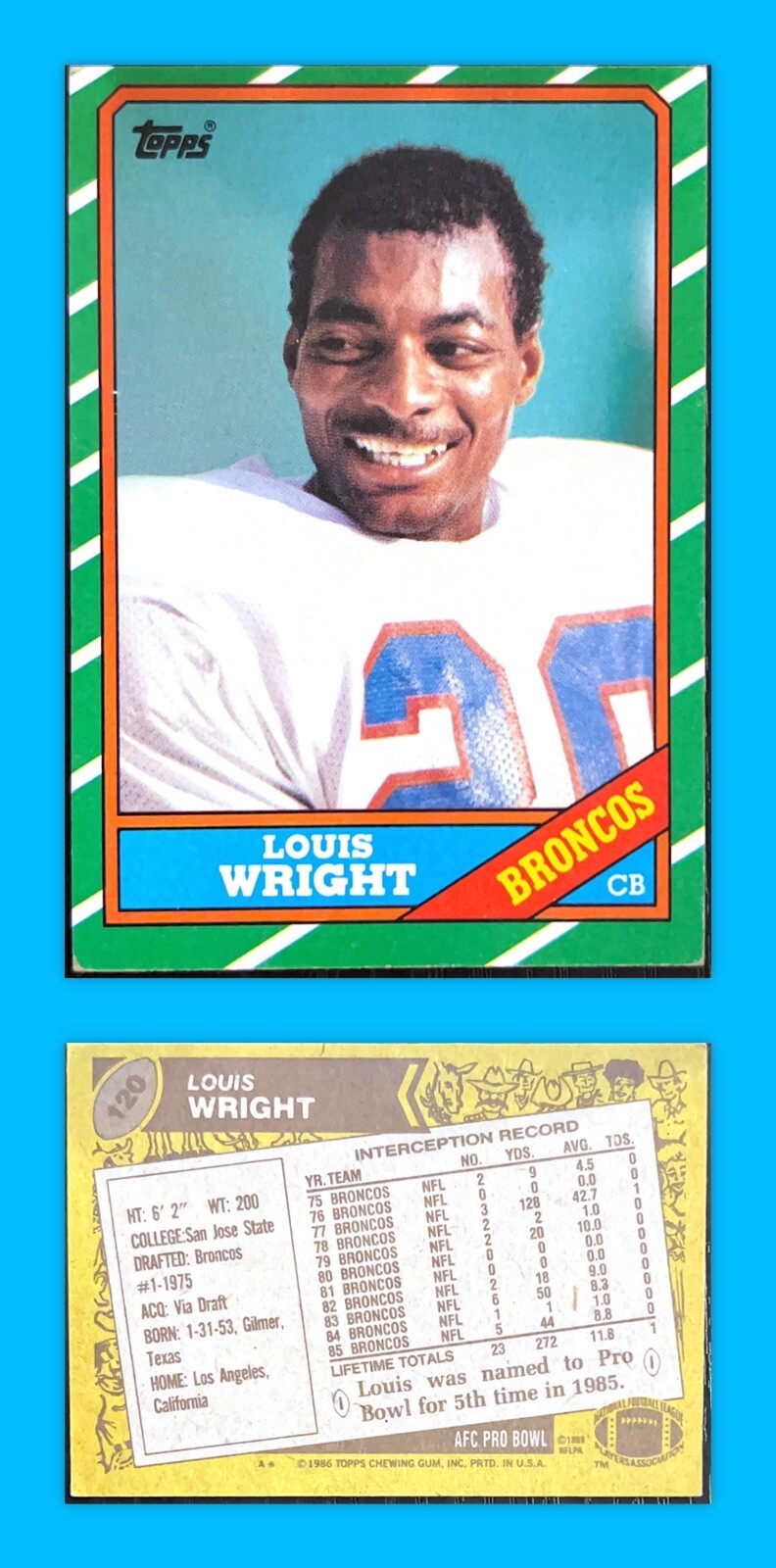 ⚓️🔥1986 Topps LOUIS WRIGHT Denver BRONCOS Football Card NFL #120 | eBay