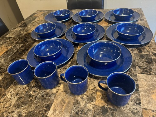 Rare Blue Speckled Enamelware 20 Piece Set Tin Metal Camping Dishes | eBay