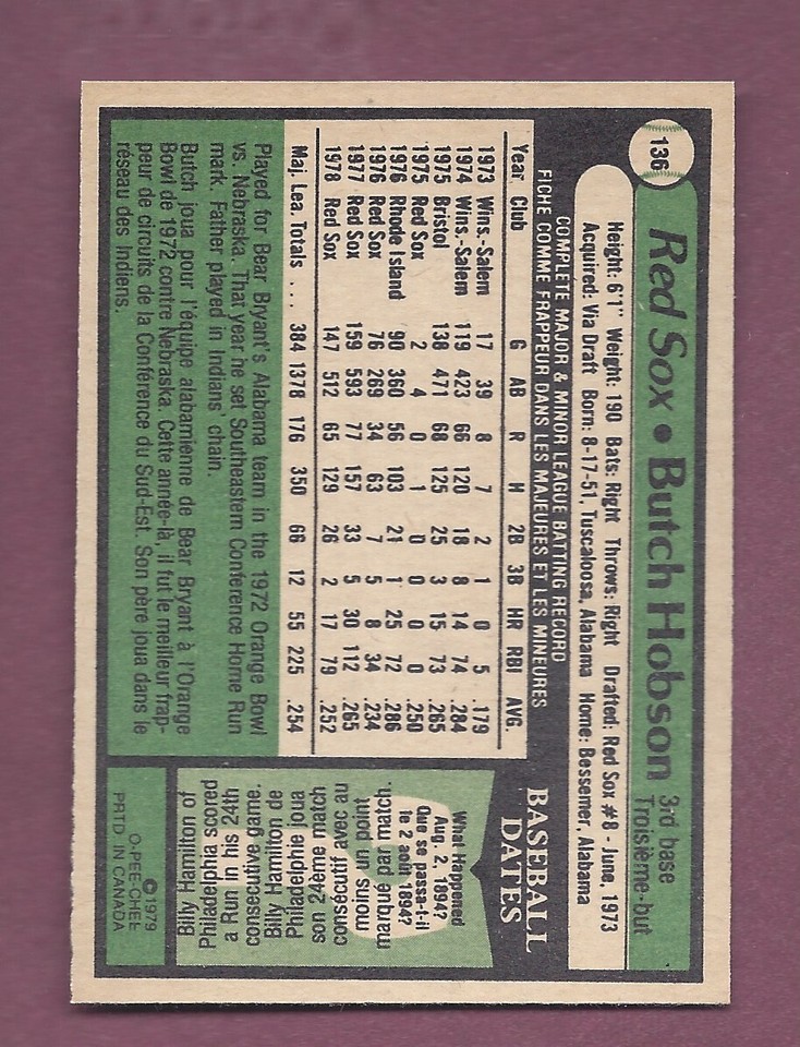 CENTERED SHARP PACK FRESH 1979 O-PEE-CHEE #136 BUTCH HOBSON .99 SHIP ...