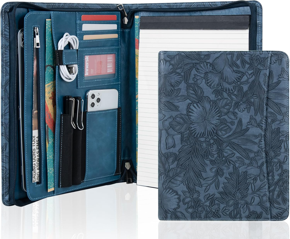 Leather Padfolio Folio, Embossed PU Leather Portfolio with Zipper ...