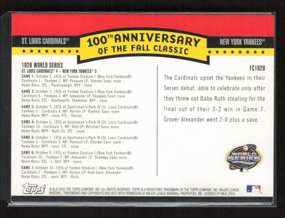 2004 Topps Fall Classic Covers #FC1926 1926 World Series | eBay