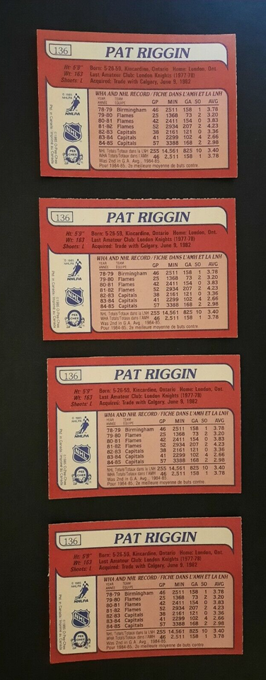 1985-86 O-Pee-Chee #136 Pat Riggin 4 Card Lot NM-MINT Boston Bruins | eBay