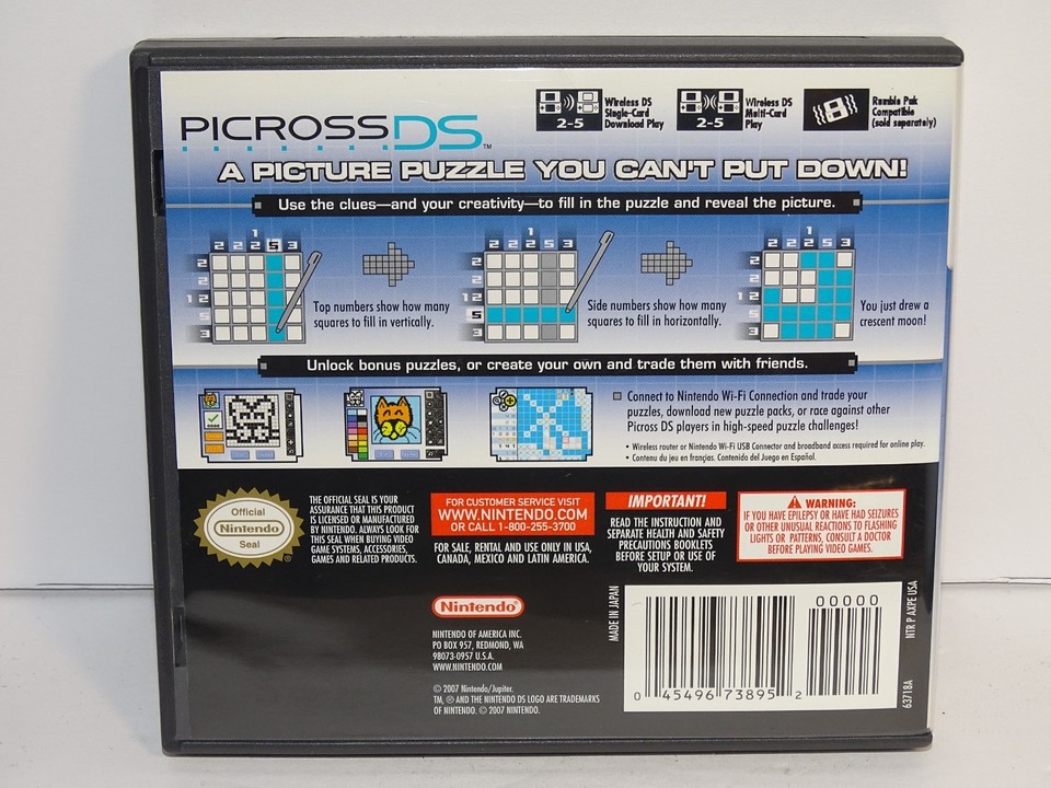Picross DS (Nintendo DS, 2007) Complete in Box with Manual - Excellent ...