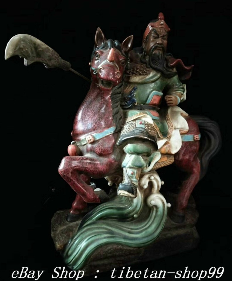 20" Old China Wucai Porcelain Warrior God Guangong Guan Gong Yu horse ...