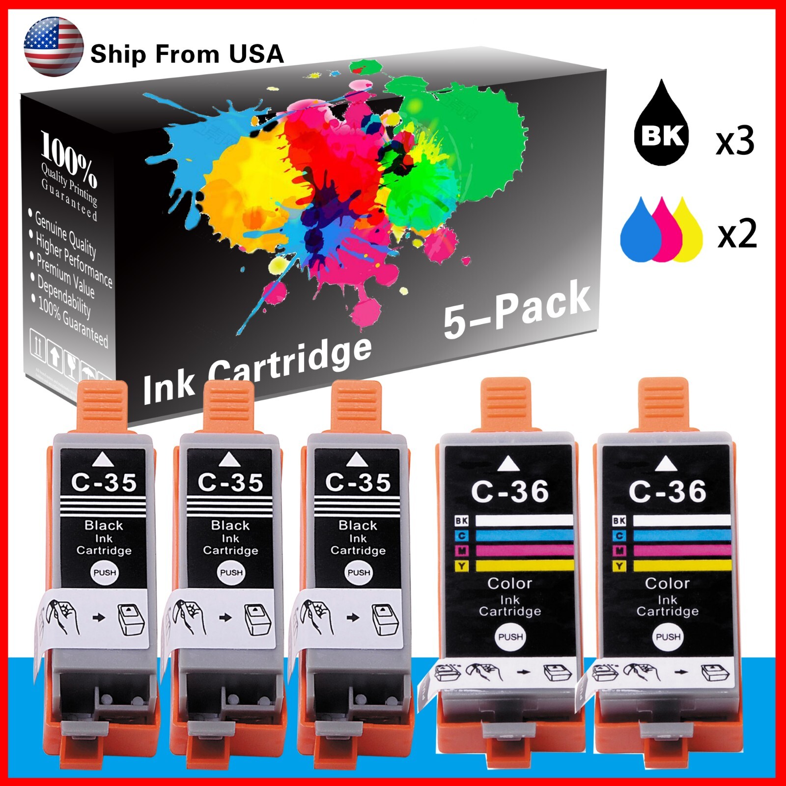 5PK PGI-35 CLI36 Ink Cartridge Fit For PIXMA IP110 IP100 TR150 Printer ...