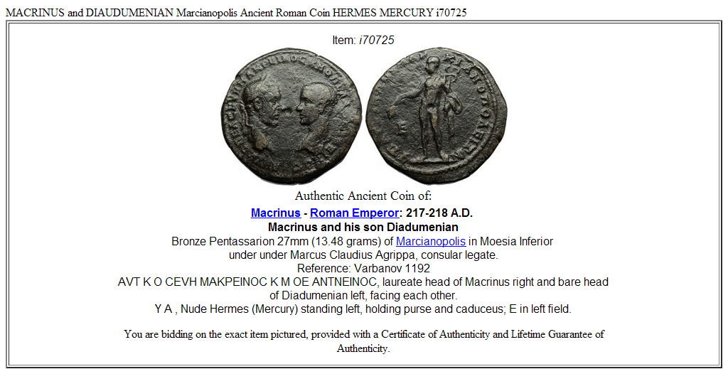 MACRINUS and DIAUDUMENIAN Marcianopolis Ancient Roman Coin HERMES ...