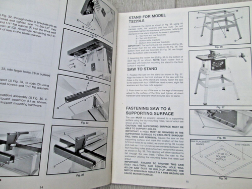 Delta Shopmaster 10" Table Saw Instruction Manual w/Parts List TS220 ...