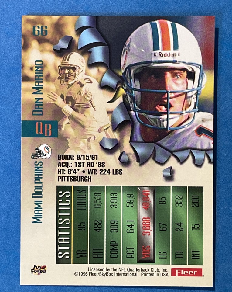 1996 Fleer Metal #66 Dan Marino NFL Hall of Fame Miami Dolphins Legend ...