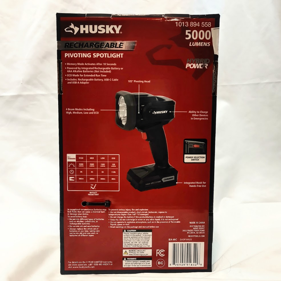 Husky 5000 Lumen Hybrid Power Swivel Rechargeable Spotlight (91640) | eBay
