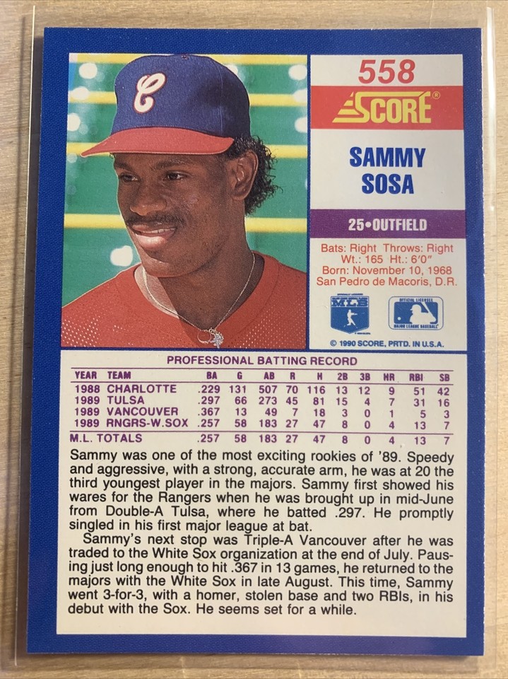 1990 Score Sammy Sosa Rookie Card #558 - Chicago Cubs | eBay