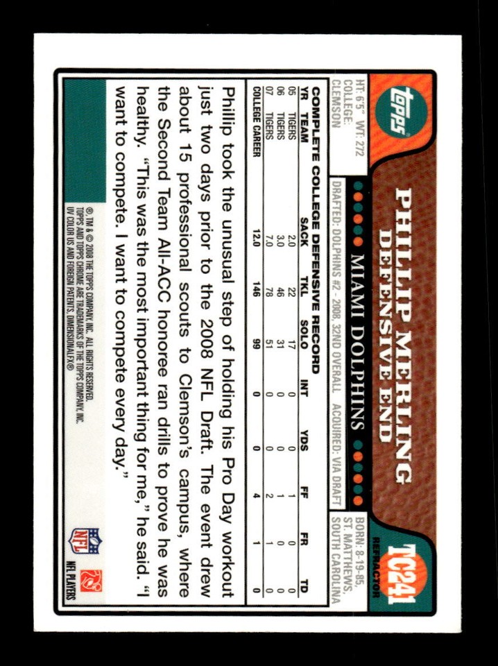 2008 Topps Chrome Blue Refractors #TC241 Phillip Merling | eBay