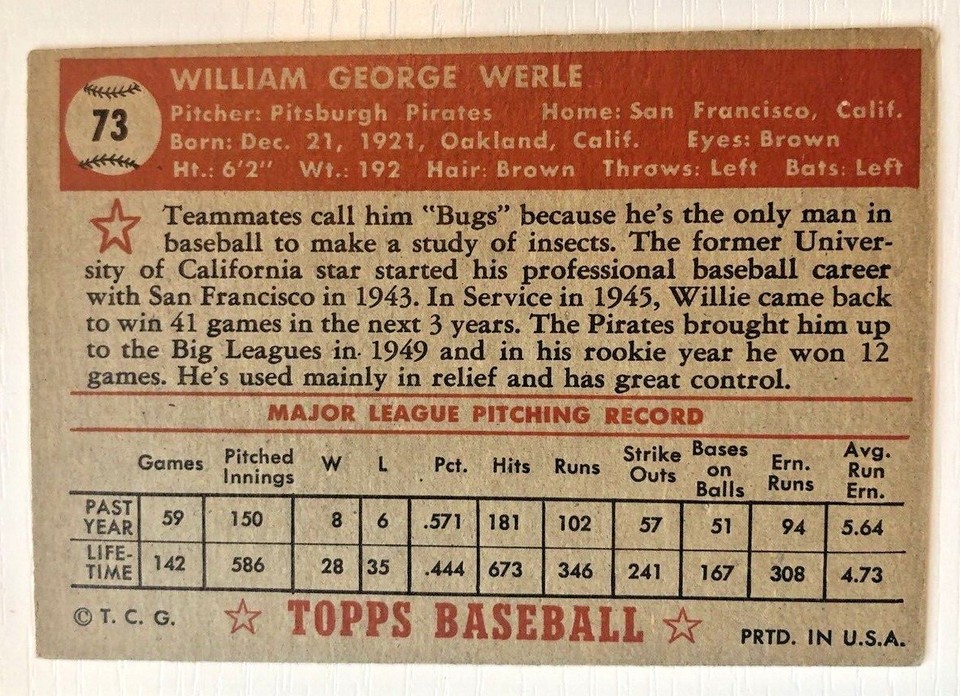 1952 Topps Baseball Set Break #73 William Werle Red Back Pittsburgh ...