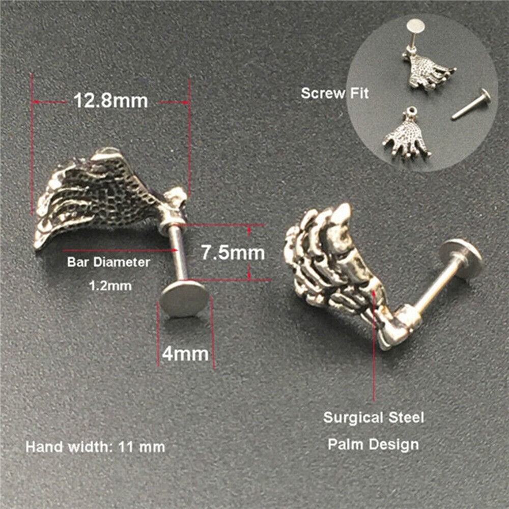 1 Pc Gothic Surgical Steel Silver Skeleton Hand Tongue Bar Piercing ...